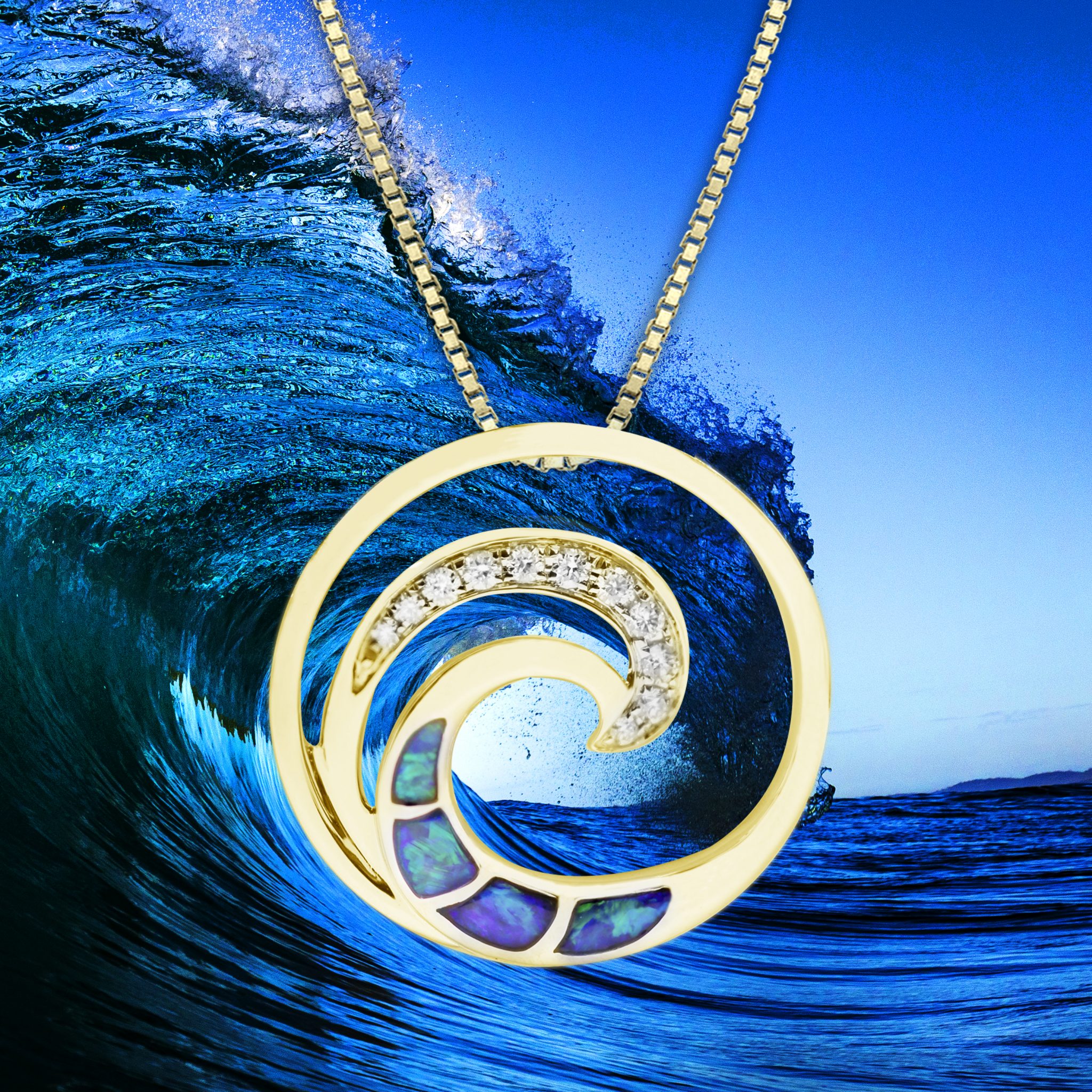 14K Yellow Gold Diamond Wave Pendant with Blue Opal